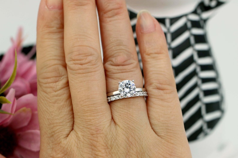 2 Carat Round Solitaire Stacking Engagement Ring Set 2mm Eternity Band ...