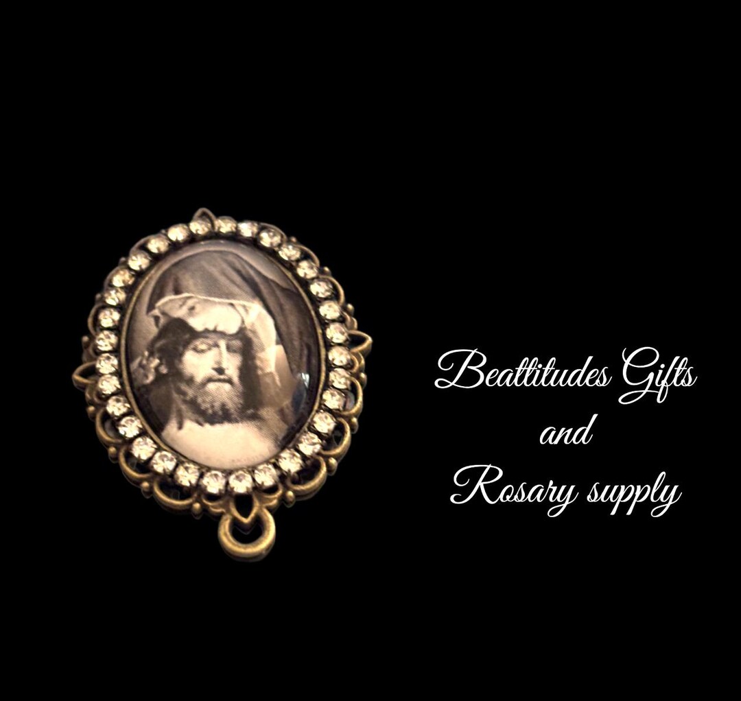PIETA Rosary RHINESTONE Gun Metal Centerpiece Brown Backing Jewelry ...