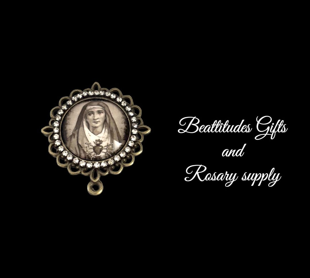 Madonna Sorrowful Mother Mary Rosary Gun Metal RHINESTONE Centerpiece 7 ...