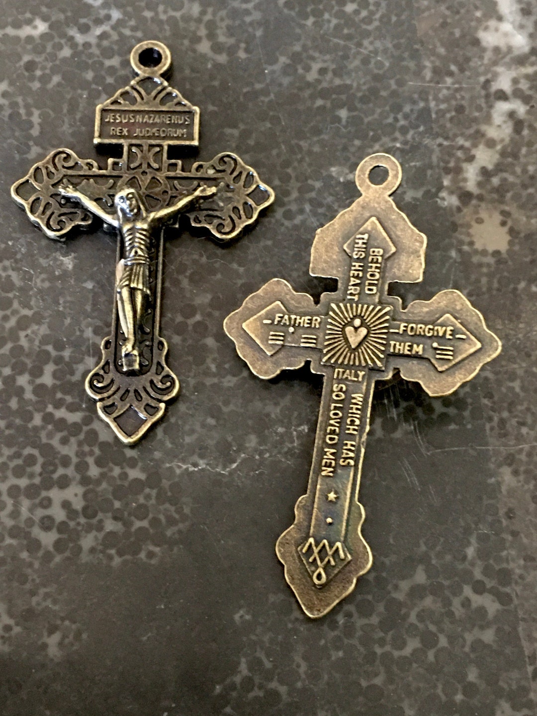 Pardon Crucifix Brass Tone Lot of 2 *DARK FINISH Beautiful Double Sided ...