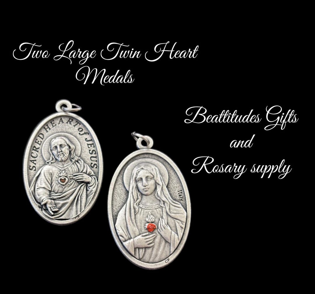 TWIN HEART Jesus and Madonna Virgin Mary Double Sided Medals Set of 2 ...