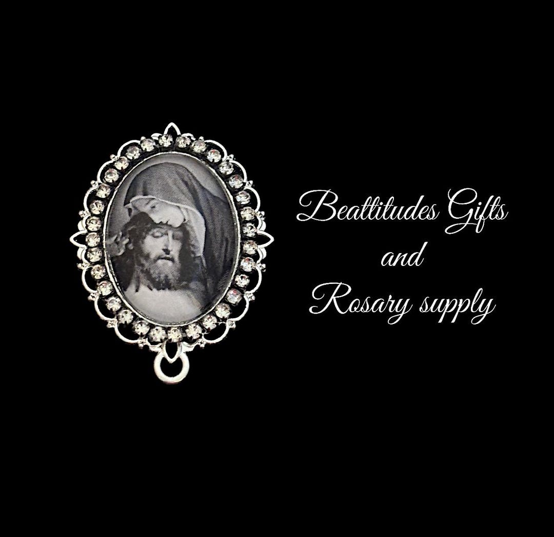 PIETA Rosary RHINESTONE Gun Metal Centerpiece Jewelry Large Connector ...