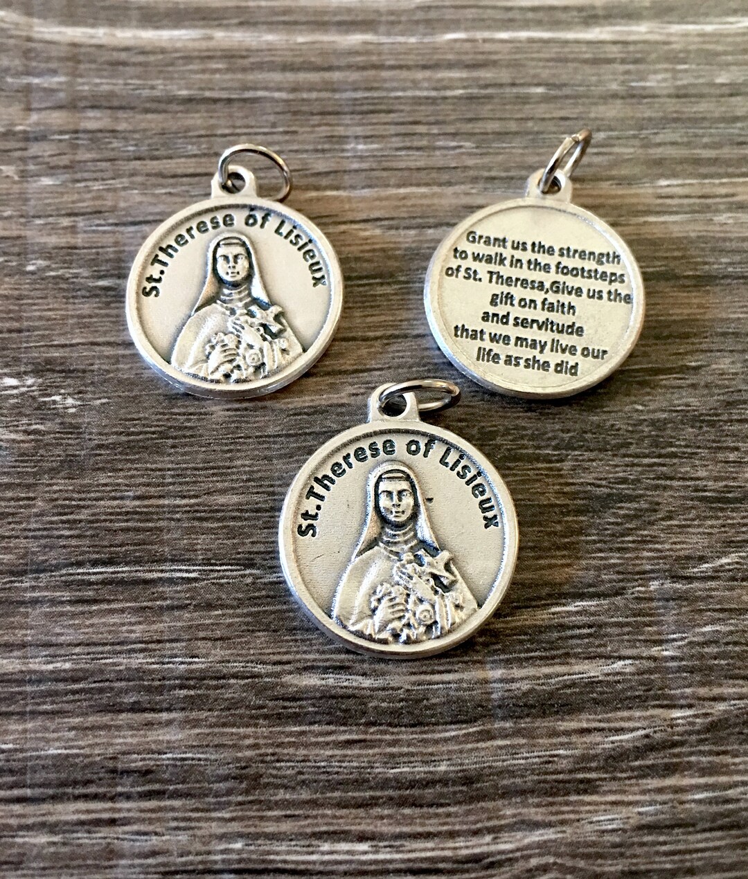 SAINT THERESA Medals Set of 3 Dark Matte Grey Color Round Prayer Medal ...