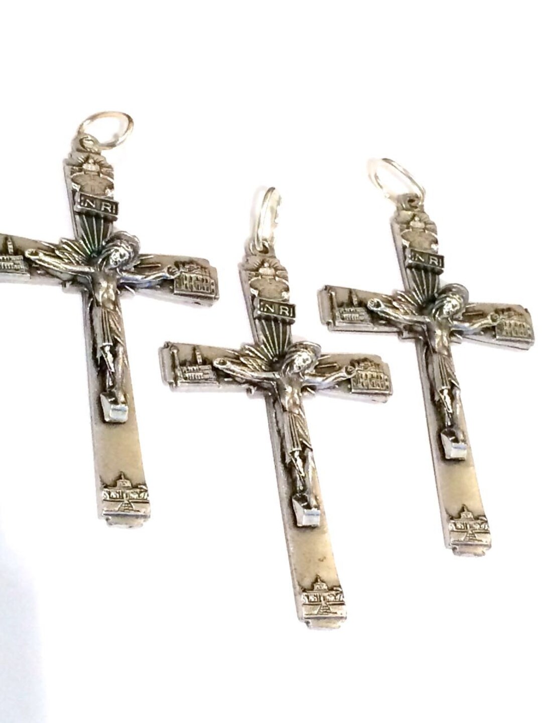 Lot of 3 INRI Crucifix 2" Tall Oxidized Silver Rosary Cross ITALY ...