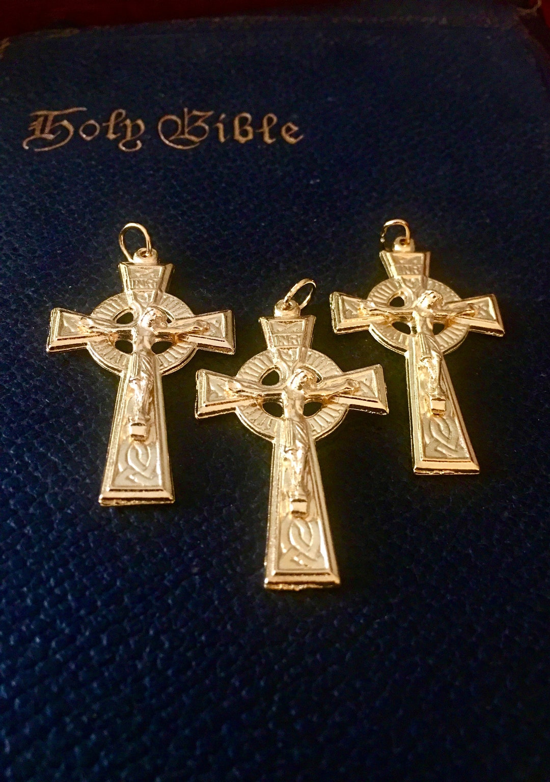 Irish Celtic Double Sided Jesus Cross GOLD TONE Rosary Crucifix or ...