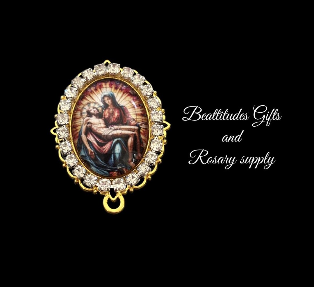 PIETA Rosary Centerpiece Jewelry Connector Large RHINESTONE Gold Tone ...
