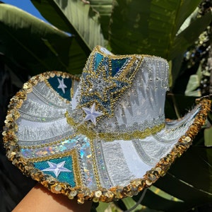 Gold & Teal Rhinestone Fringe Cowgirl Hat made to Order Item Nashville ...