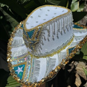 Gold & Teal Rhinestone Fringe Cowgirl Hat made to Order Item Nashville ...