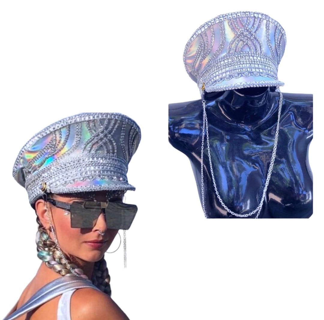Holographic Silver Stud Captain's Hat (made to Order Item) | Festival ...