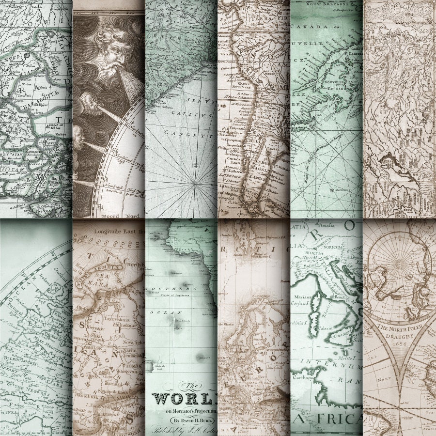 Vintage Maps Digital Paper 12 Designs Europe, Asia, Africa, America ...