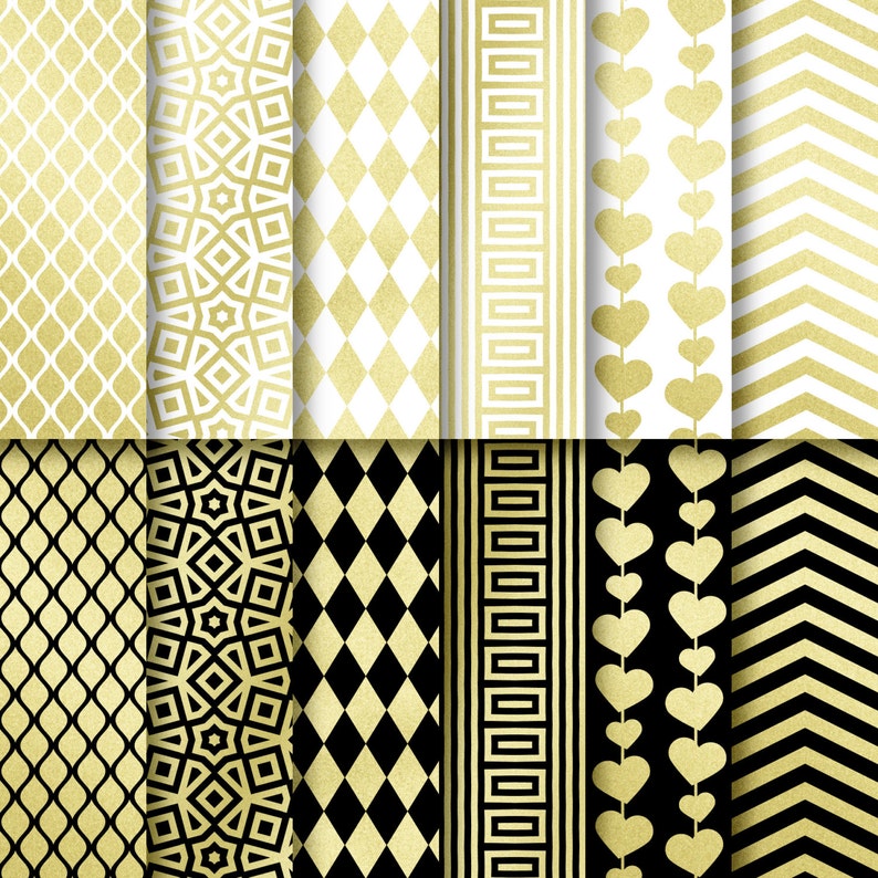 Gold Digital Paper Stripes Hearts Chevron Diamonds Geometric - Etsy