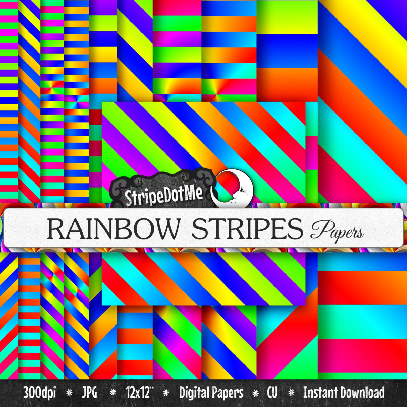 Rainbow Stripe Digital Papers Pack Horizontal Diagonal Bright ...