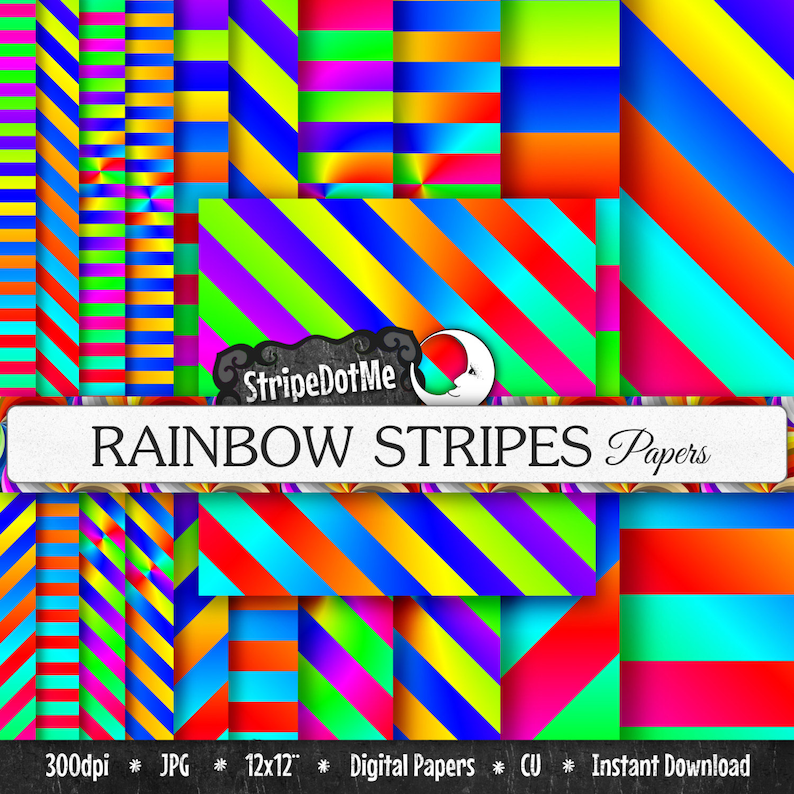 Rainbow Stripe Digital Papers Pack Horizontal Diagonal Bright ...