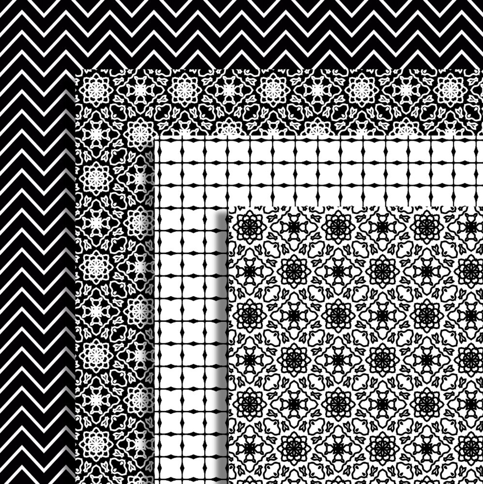 Digital Paper Black and White Polka Dots Stripes Chevron Check Lace ...
