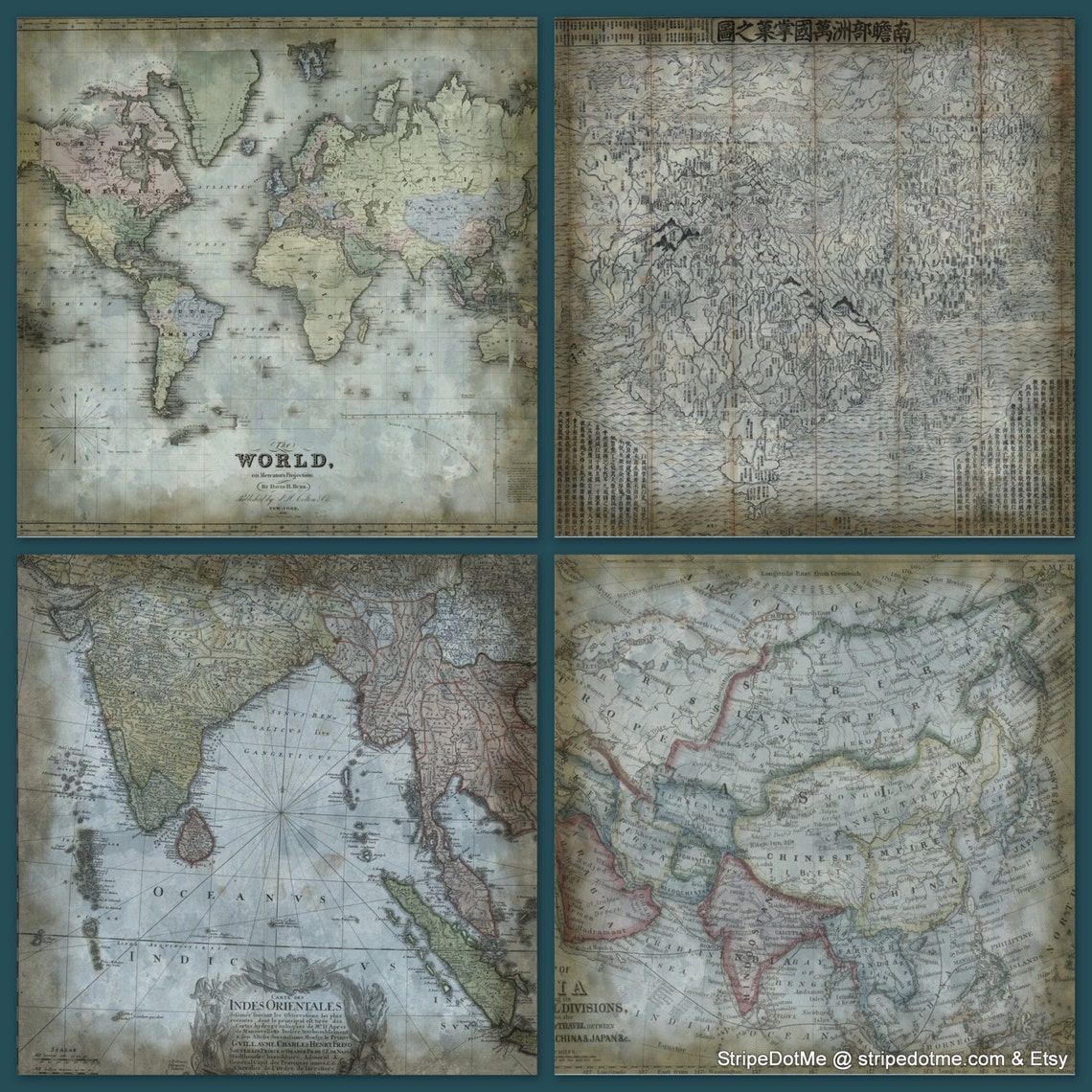 Blue Vintage Maps Digital Paper Pack Distressed Map Europe, Asia ...