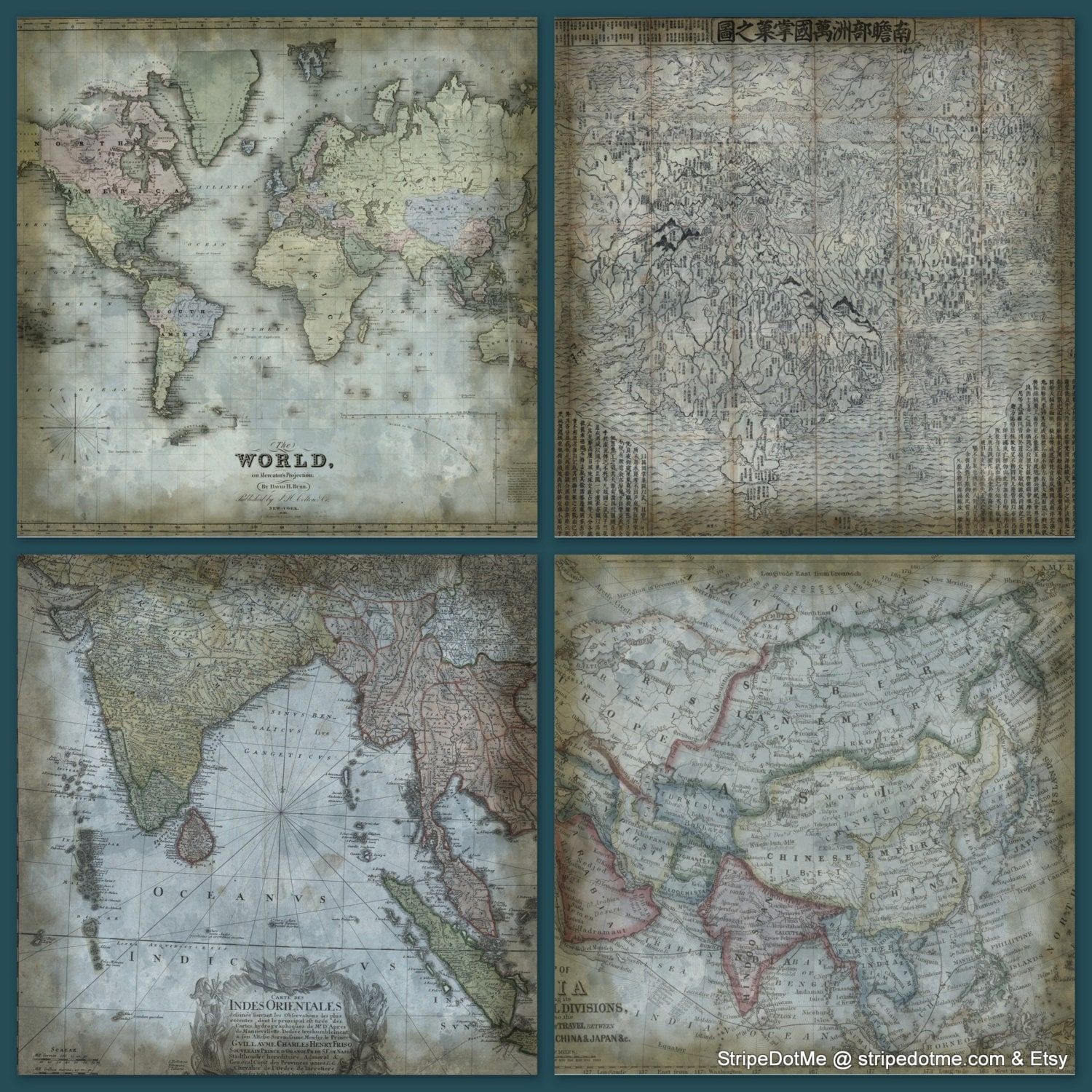 Blue Vintage Maps Digital Paper Pack Distressed Map Europe, Asia ...