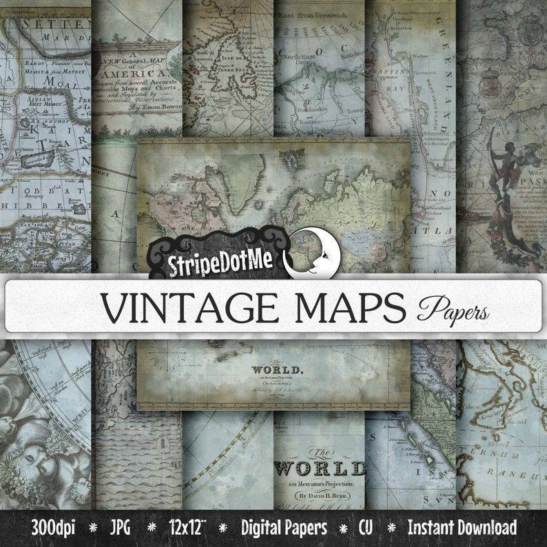 Blue Vintage Maps Digital Paper Pack Distressed Map Europe, Asia ...