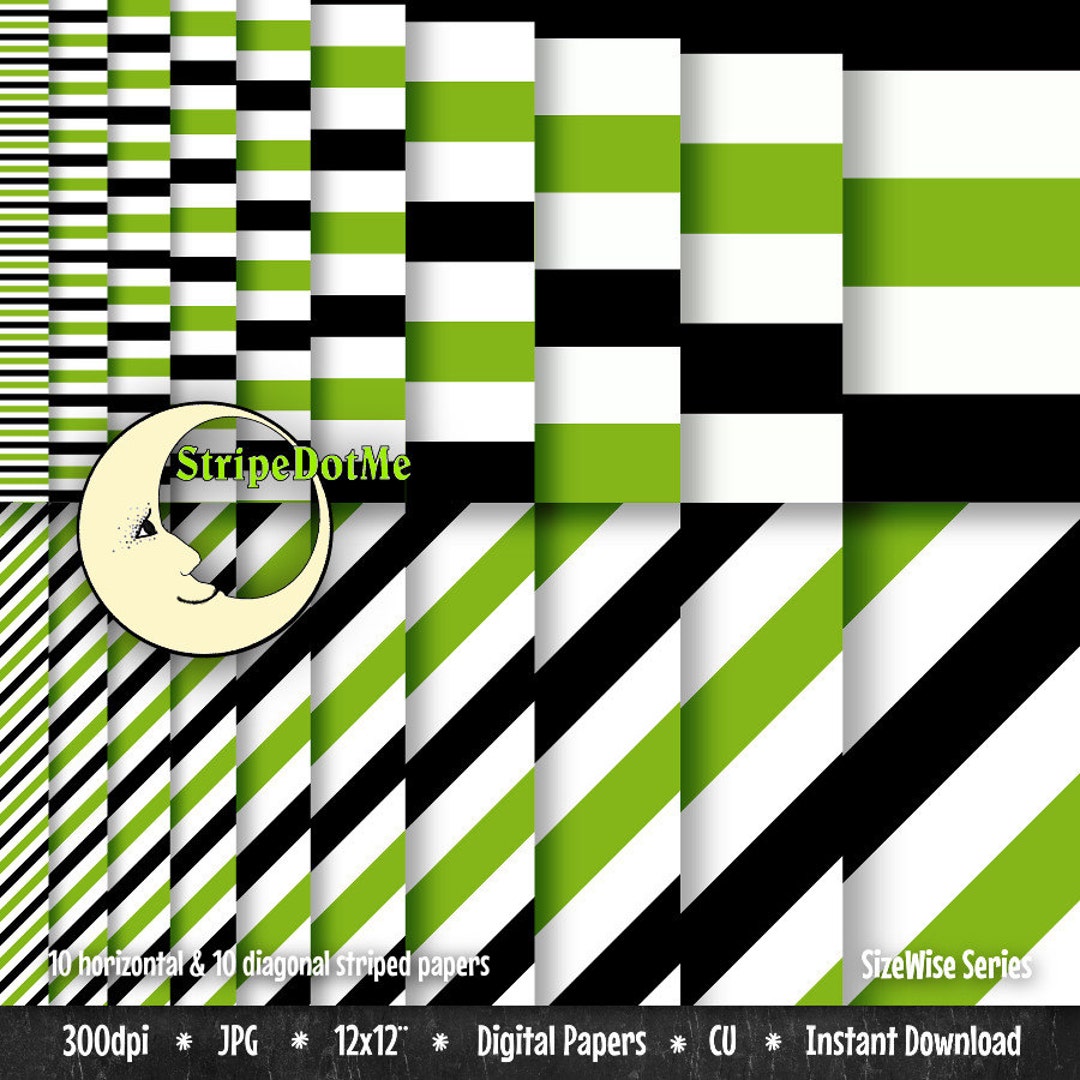 Stripe Digital Paper, Black Green Stripes, Diagonal Stripes, Big ...