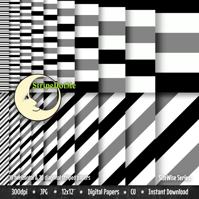 Stripe Digital Paper Black Gray White Stripes Diagonal Scrapbook Paper ...