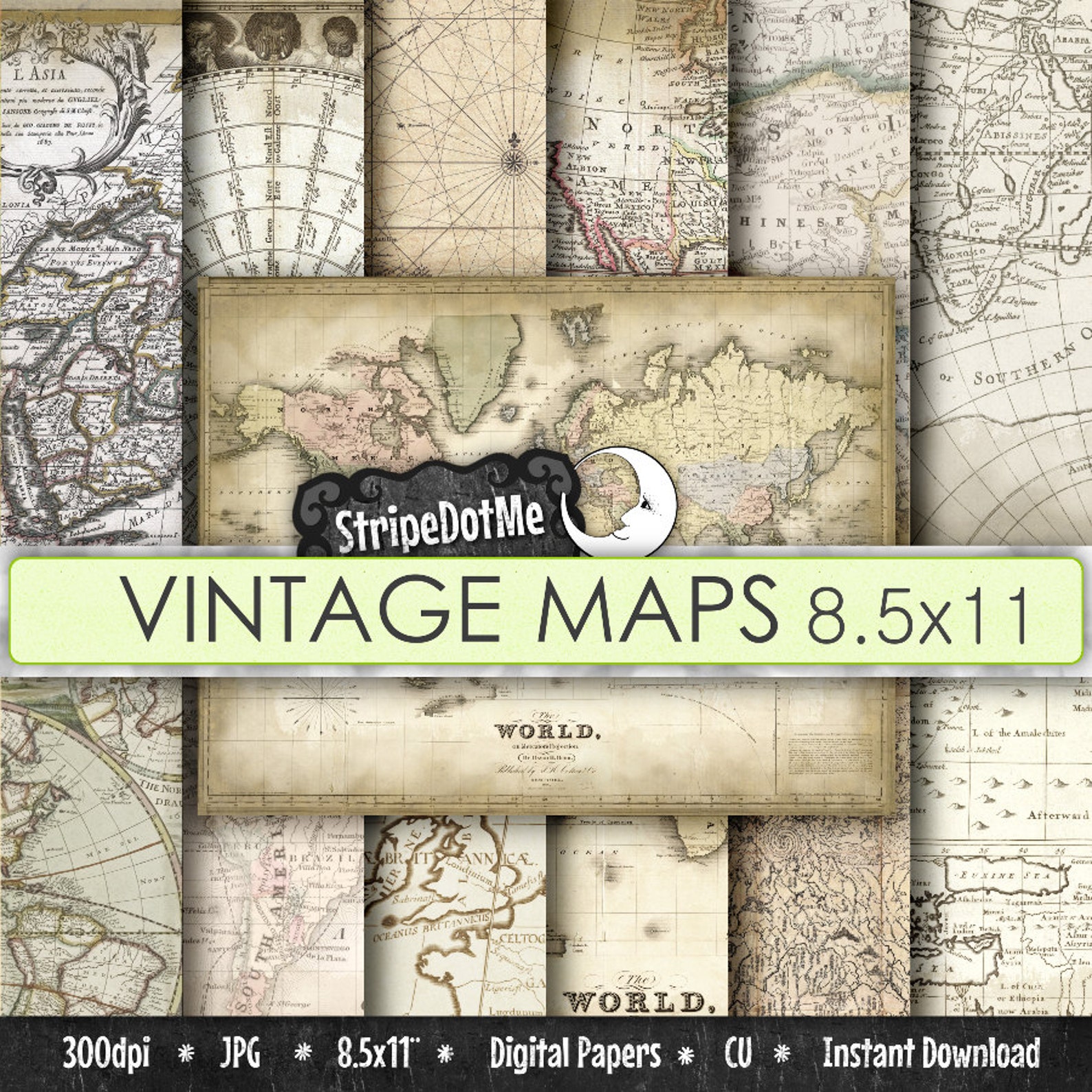 Vintage Maps Letter Size 8.5x11 Digital Paper Europe, Asia, Africa ...