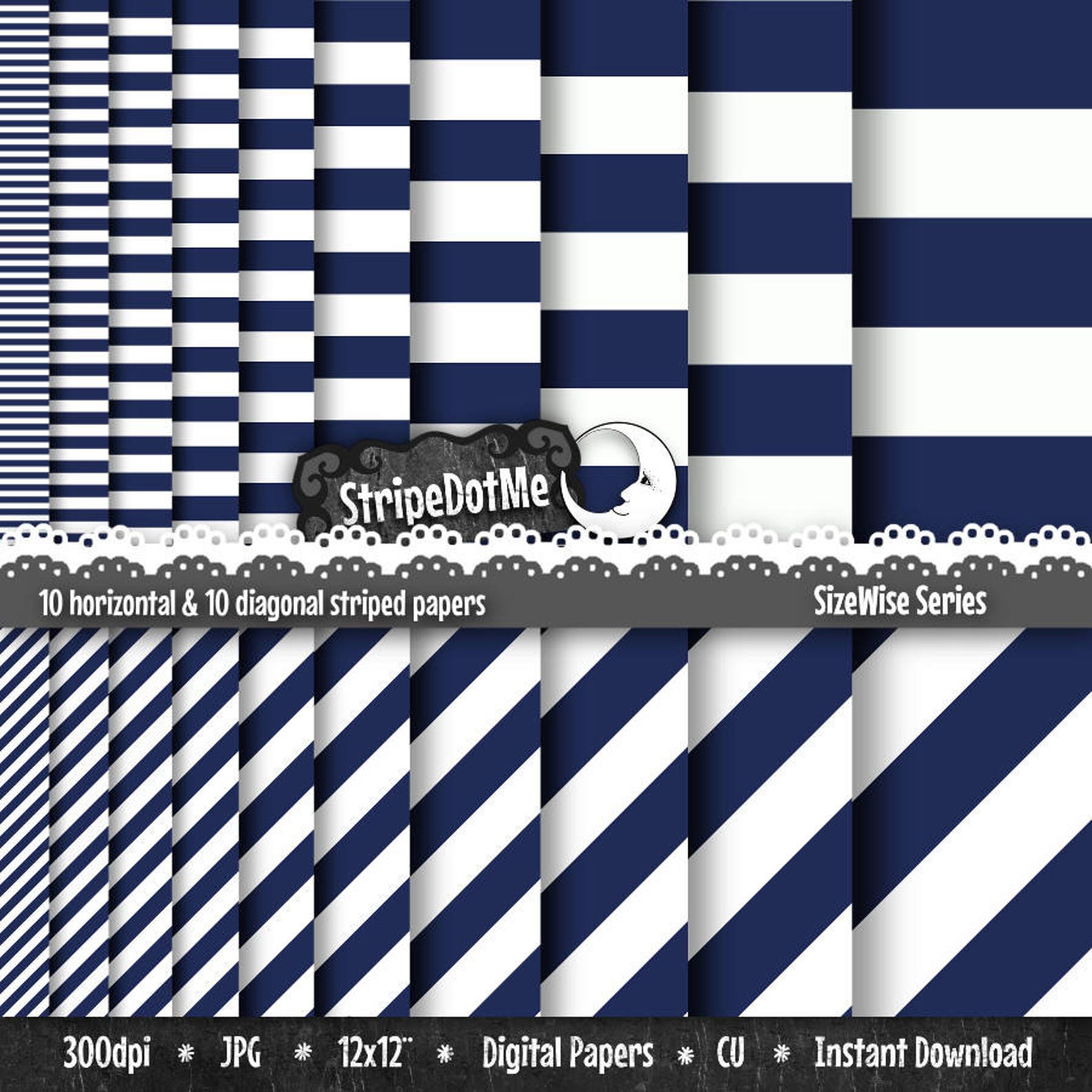 Navy Digital Paper, Blue Digital Paper, Navy Stripes, Navy Digital ...