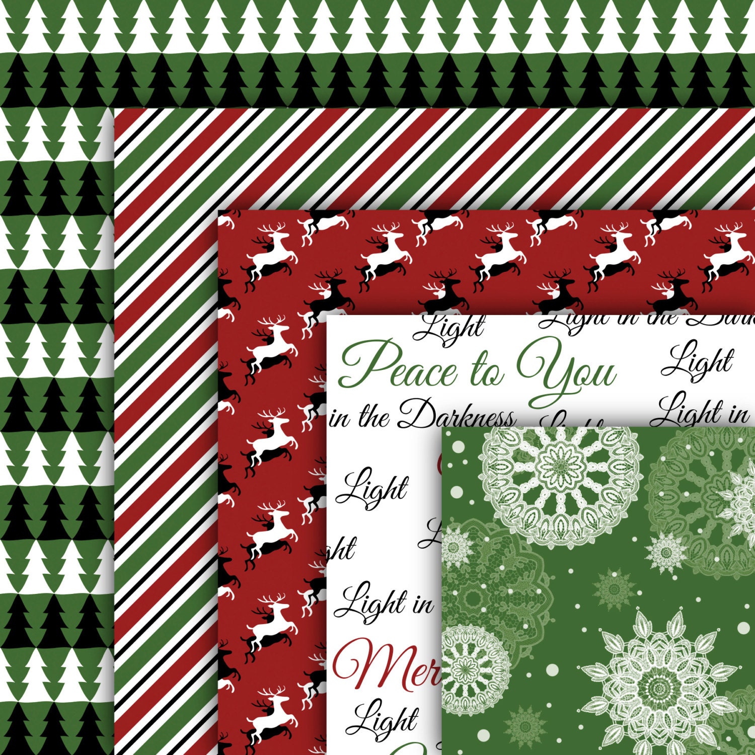 Christmas Digital Paper Pack Red Green Deer Stripes Quatrefoil Dots ...