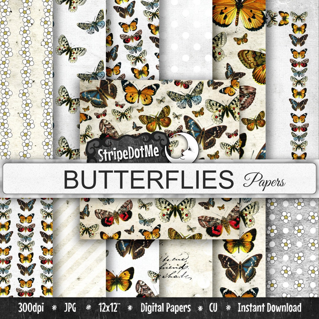 Butterflies Digital Paper Pack Floral Spring Summer Polka Dots Stripes ...