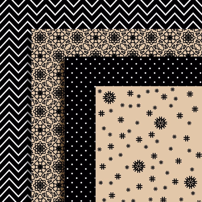 Digital Paper Tan, Black and White Polka Dots Stripes Chevron Check 12 ...