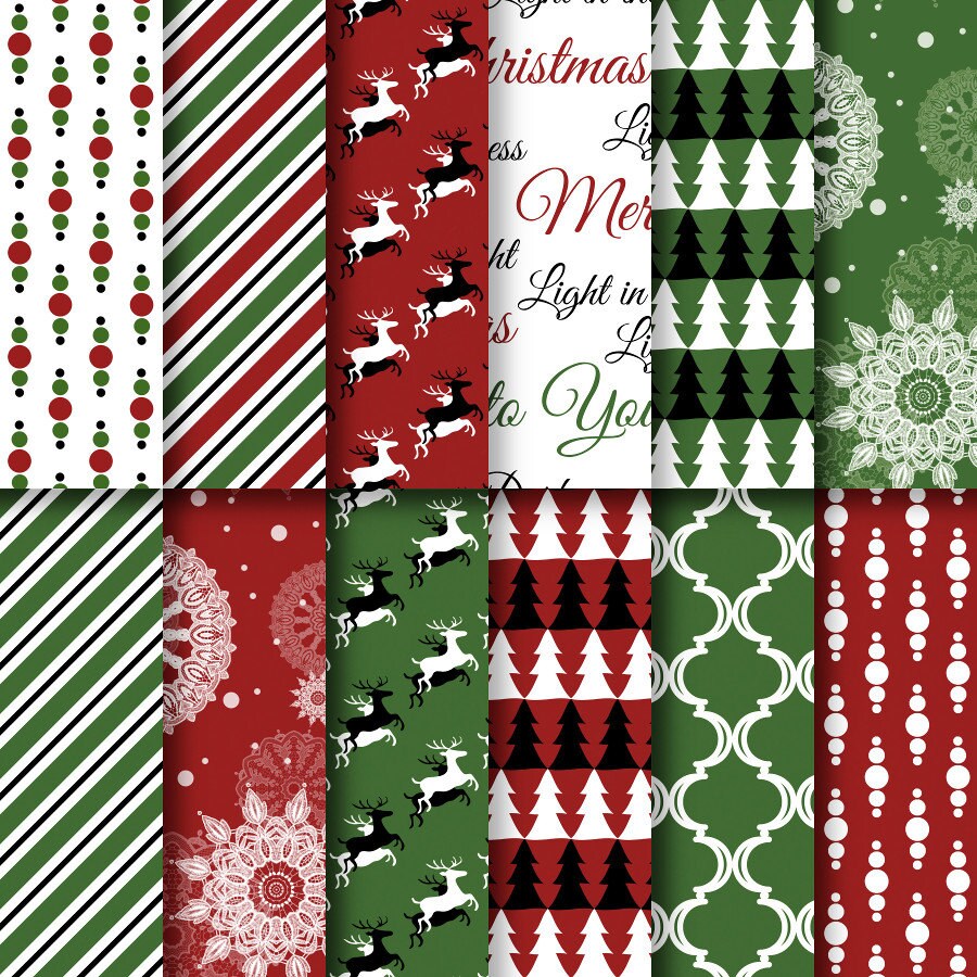 Christmas Digital Paper Pack Red Green Deer Stripes Quatrefoil Dots ...