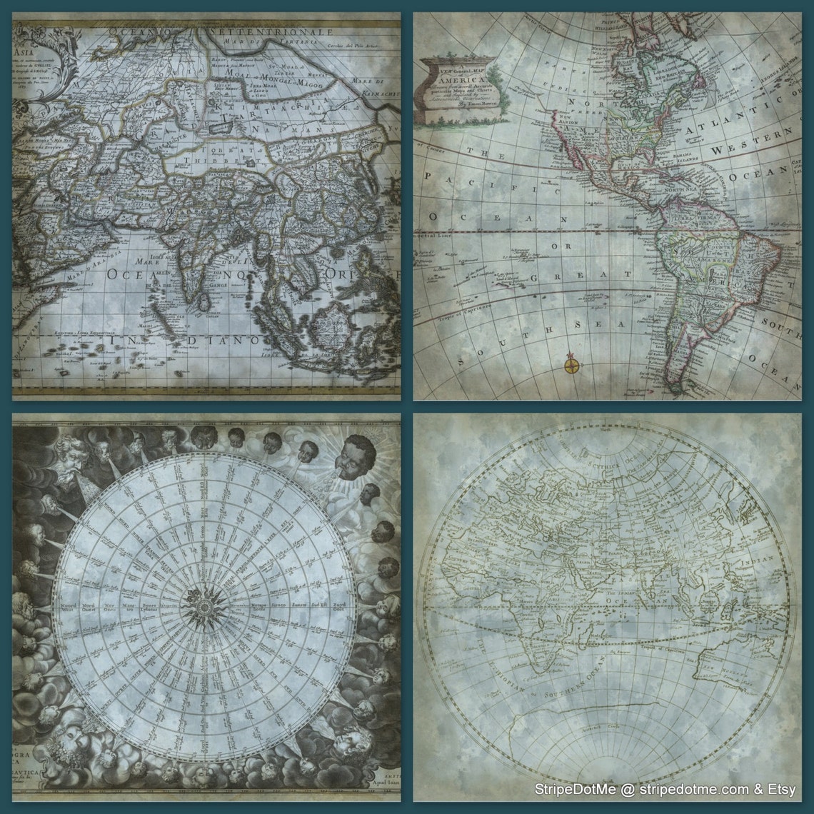 Blue Vintage Maps Digital Paper Pack Distressed Map Europe, Asia ...