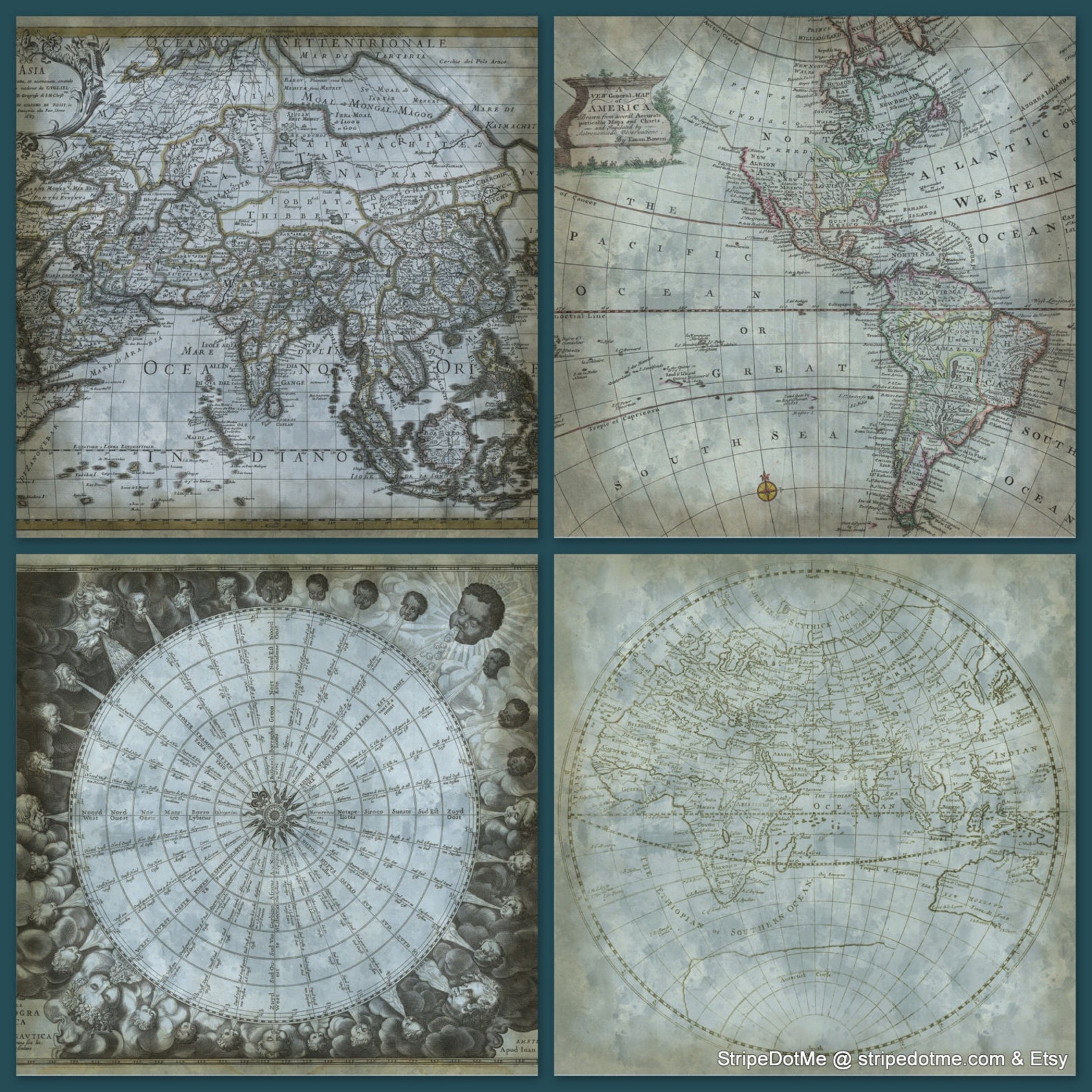 Blue Vintage Maps Digital Paper Pack Distressed Map Europe, Asia ...
