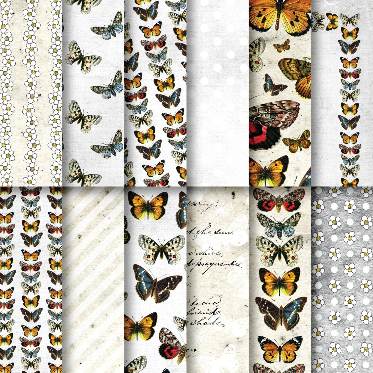 Butterflies Digital Paper Pack Floral Spring Summer Polka Dots Stripes ...