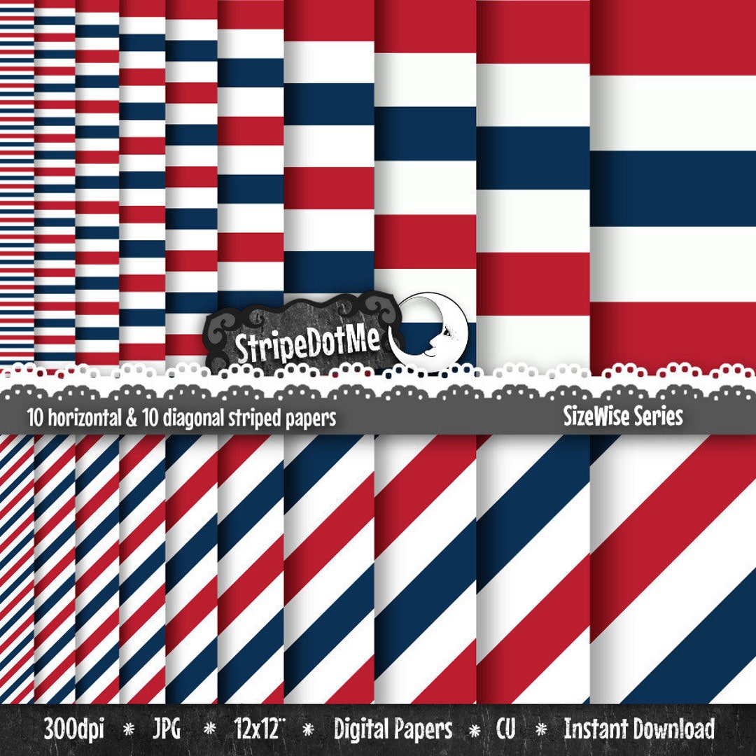 4th of July Digital Paper, Fourth of July, Red Blue Stripes, Patriotic ...