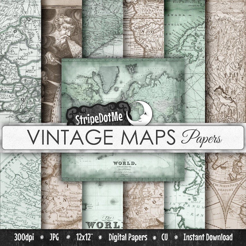 Vintage Maps Digital Paper 12 Designs Europe, Asia, Africa, America ...
