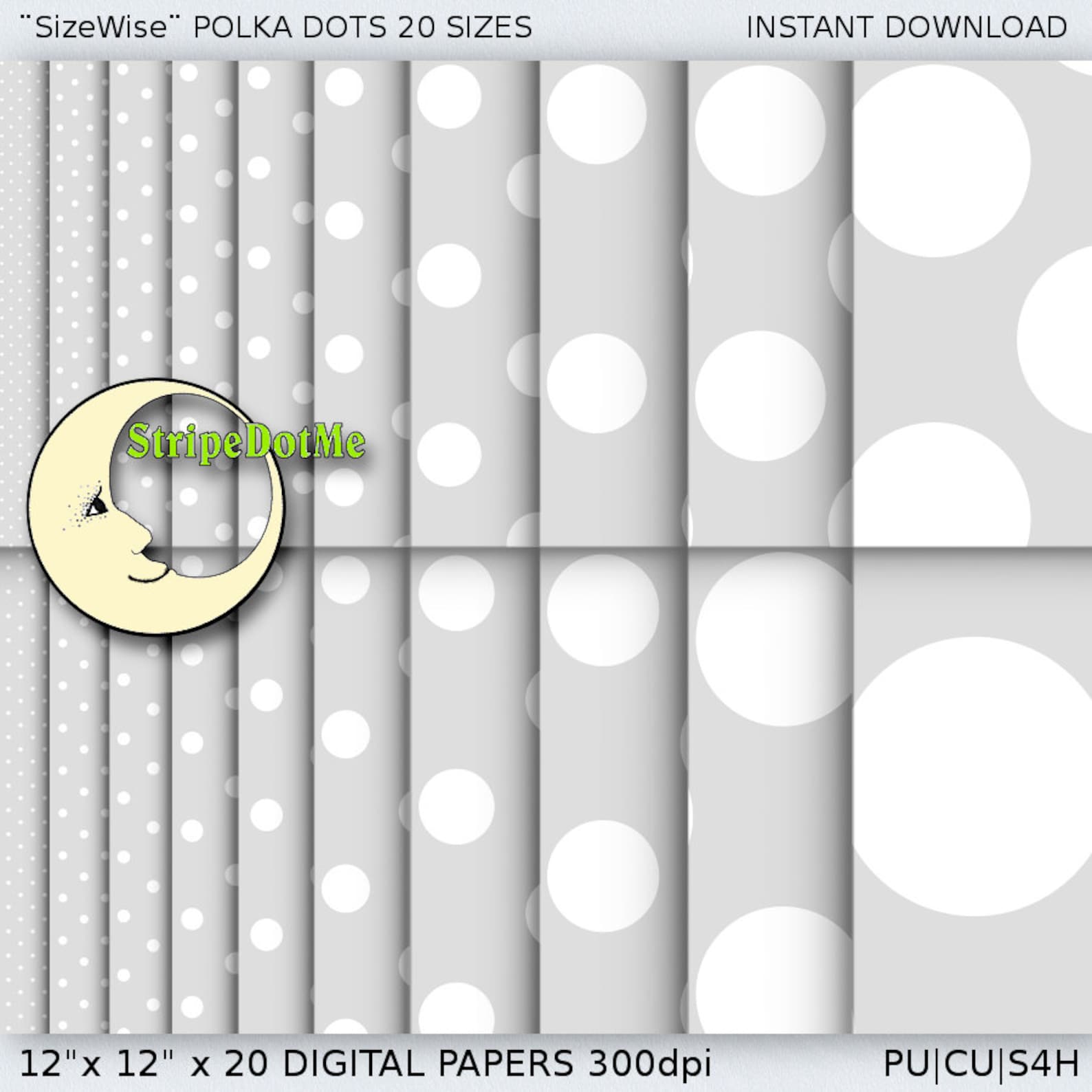 20 Digital Papers Gray and White Polka Dots Tiny to Giant 12" Papers ...