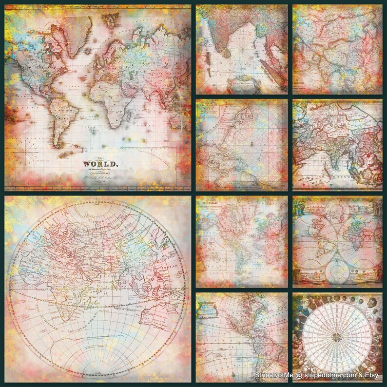 Vintage Maps Digital Paper 12 Designs Europe, Asia, Africa, America ...