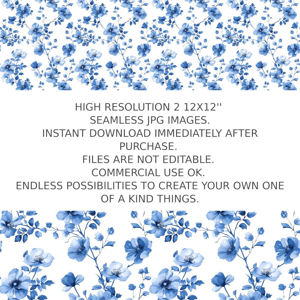 Blue Floral Digital Paper, Blue Paper, Blue Scrapbook Paper, Seamless ...