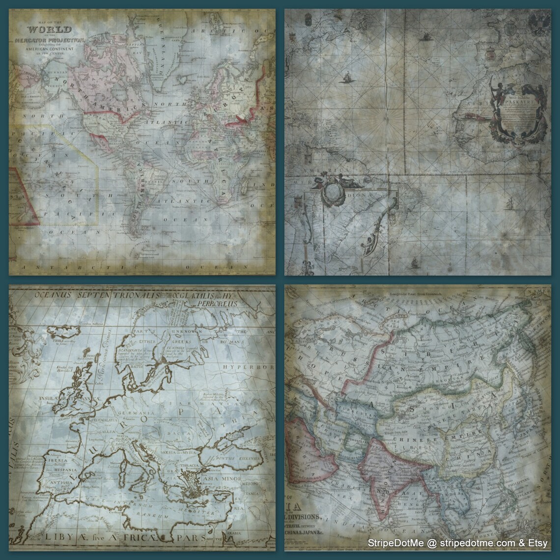 Blue Vintage Maps Digital Paper Pack Distressed Map Europe, Asia ...