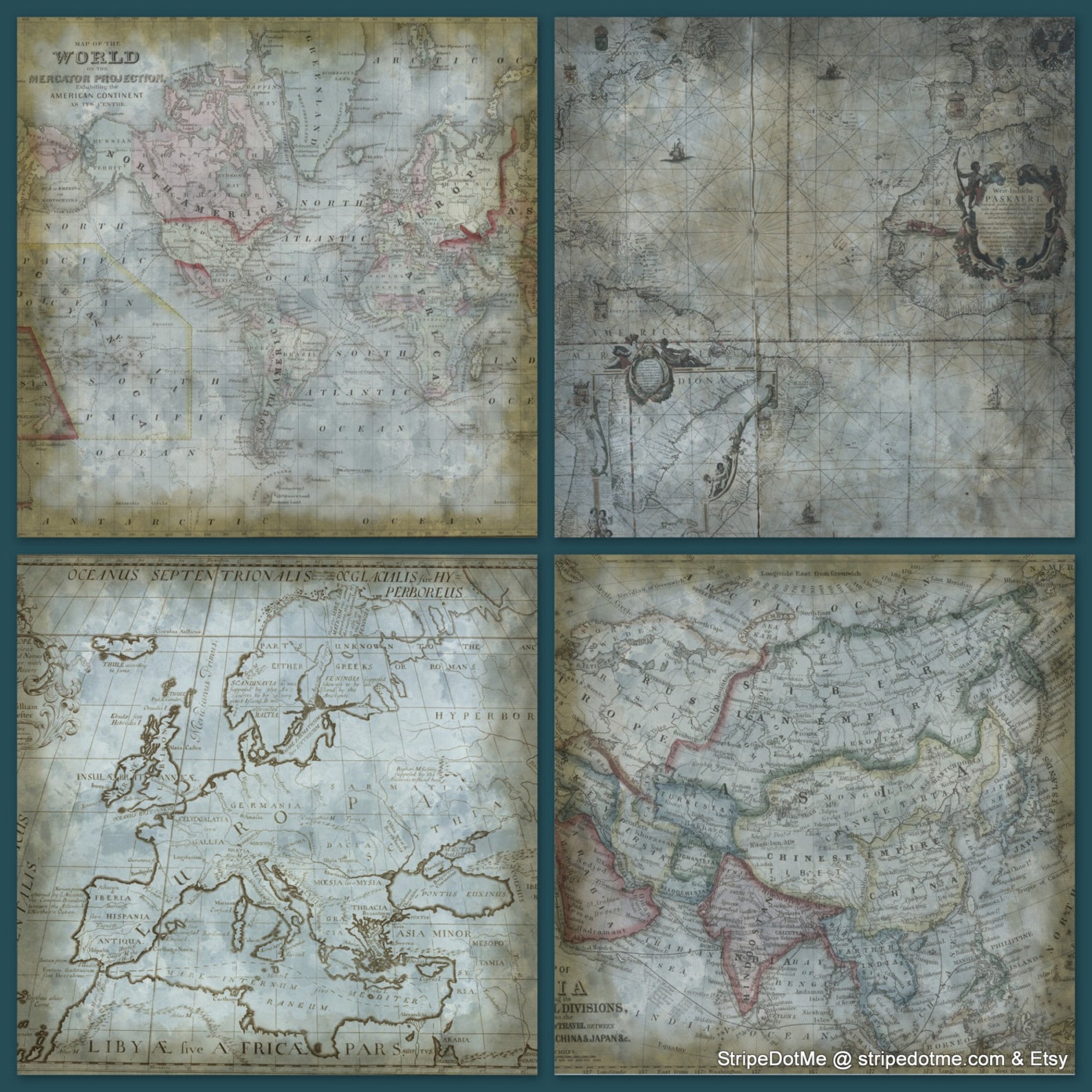 Blue Vintage Maps Digital Paper Pack Distressed Map Europe, Asia ...