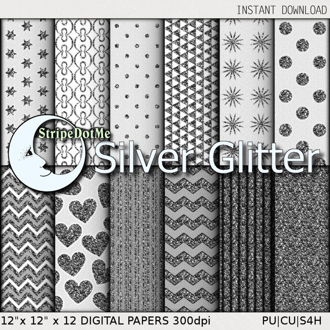 Silver Glitter Digital Paper Stars Stripes Dots Hearts Chevron 12 ...