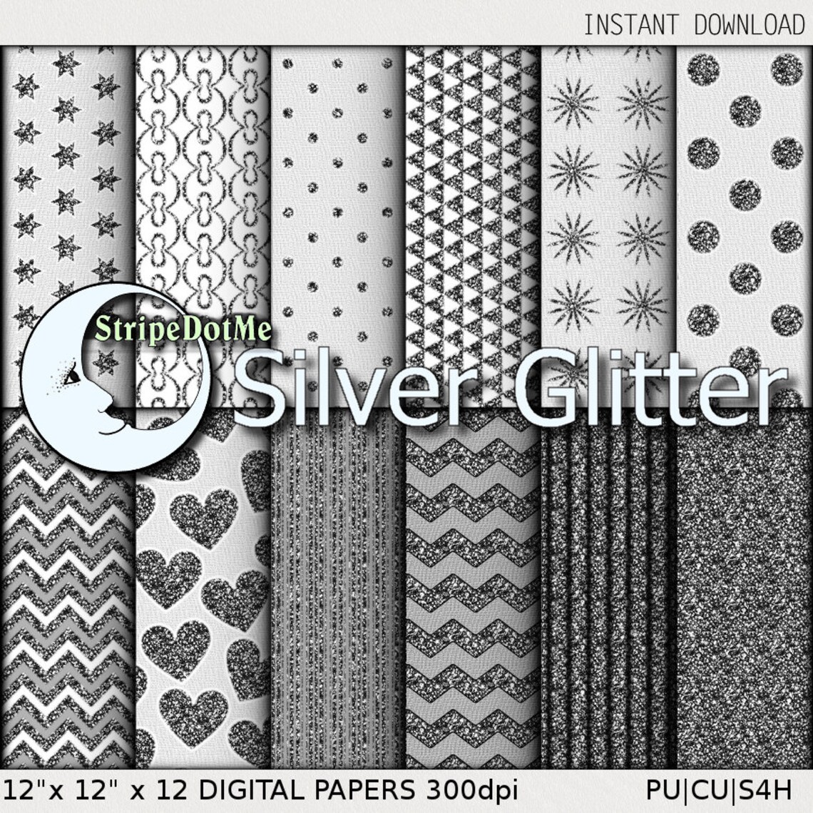 Silver Glitter Digital Paper Stars Stripes Dots Hearts Chevron 12 ...