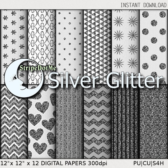 Silver Glitter Digital Paper Stars Stripes Dots Hearts Chevron | Etsy