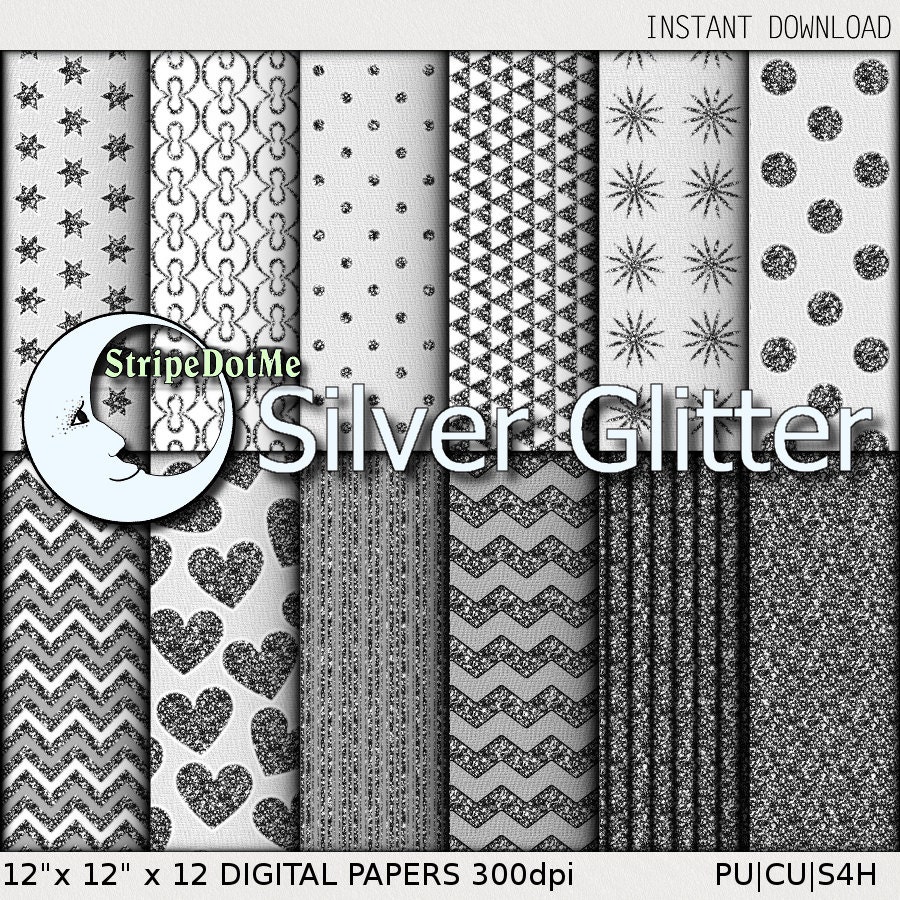 Silver Glitter Digital Paper Stars Stripes Dots Hearts Chevron - Etsy