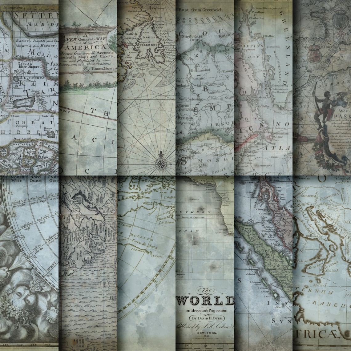 Blue Vintage Maps Digital Paper Pack Distressed Map Europe, Asia ...