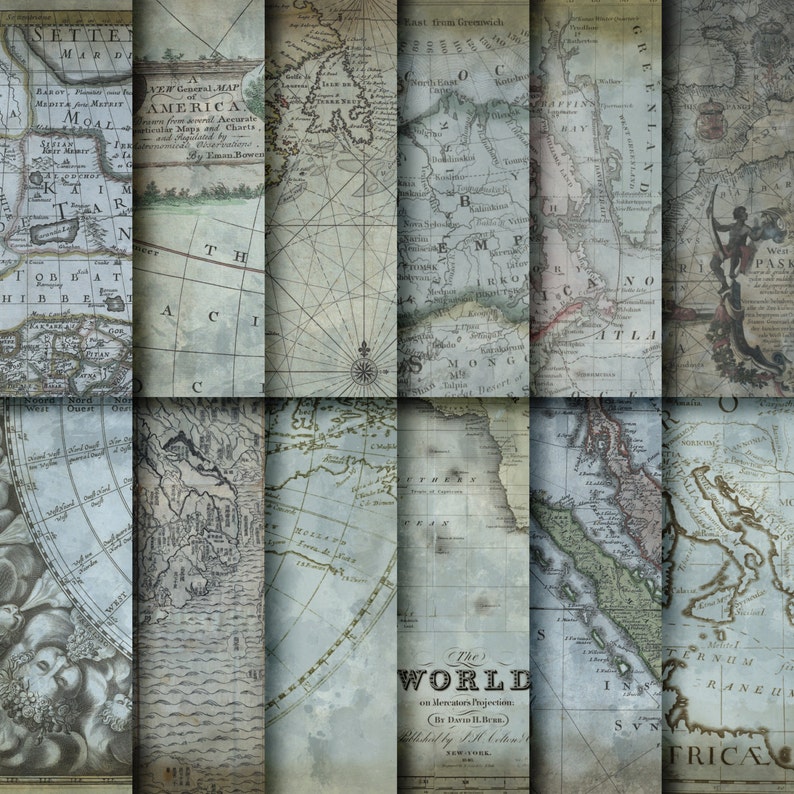Blue Vintage Maps Digital Paper Pack Distressed Map Europe, Asia ...