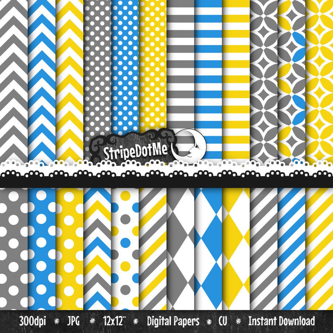 Blue Yellow Digital Paper Stripes Dots Chevron Diamonds - Instant ...
