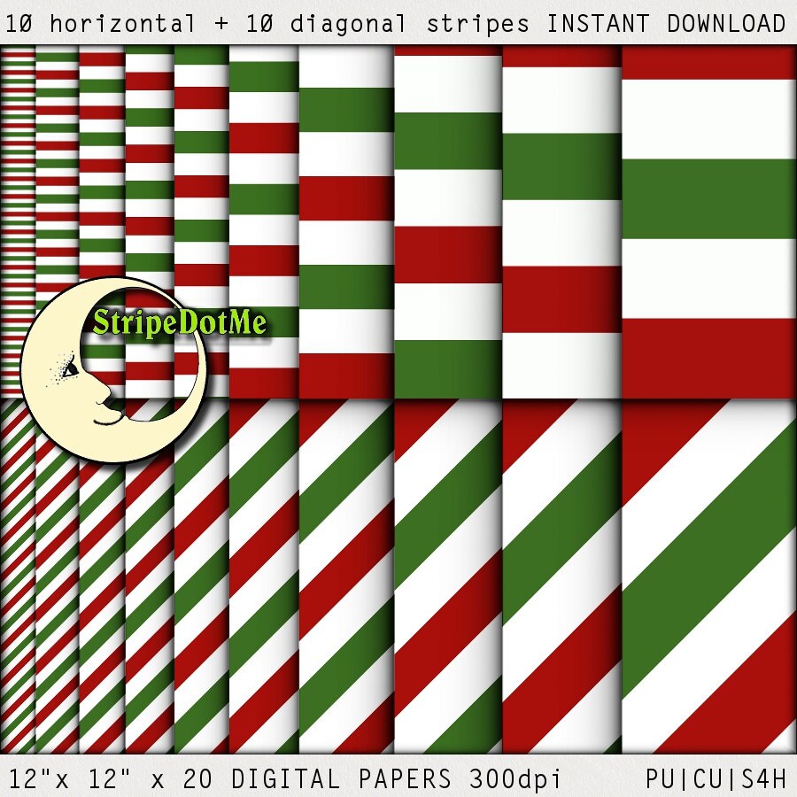 20 Digital Papers Christmas Red Green and White Stripes Horizontal ...