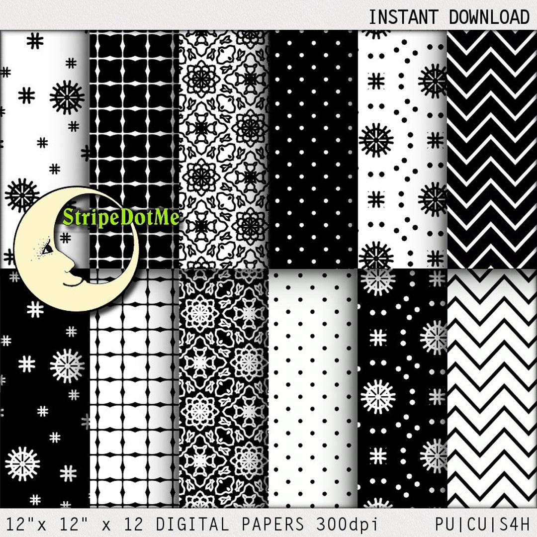 Digital Paper Black and White Polka Dots Stripes Chevron Check Lace ...