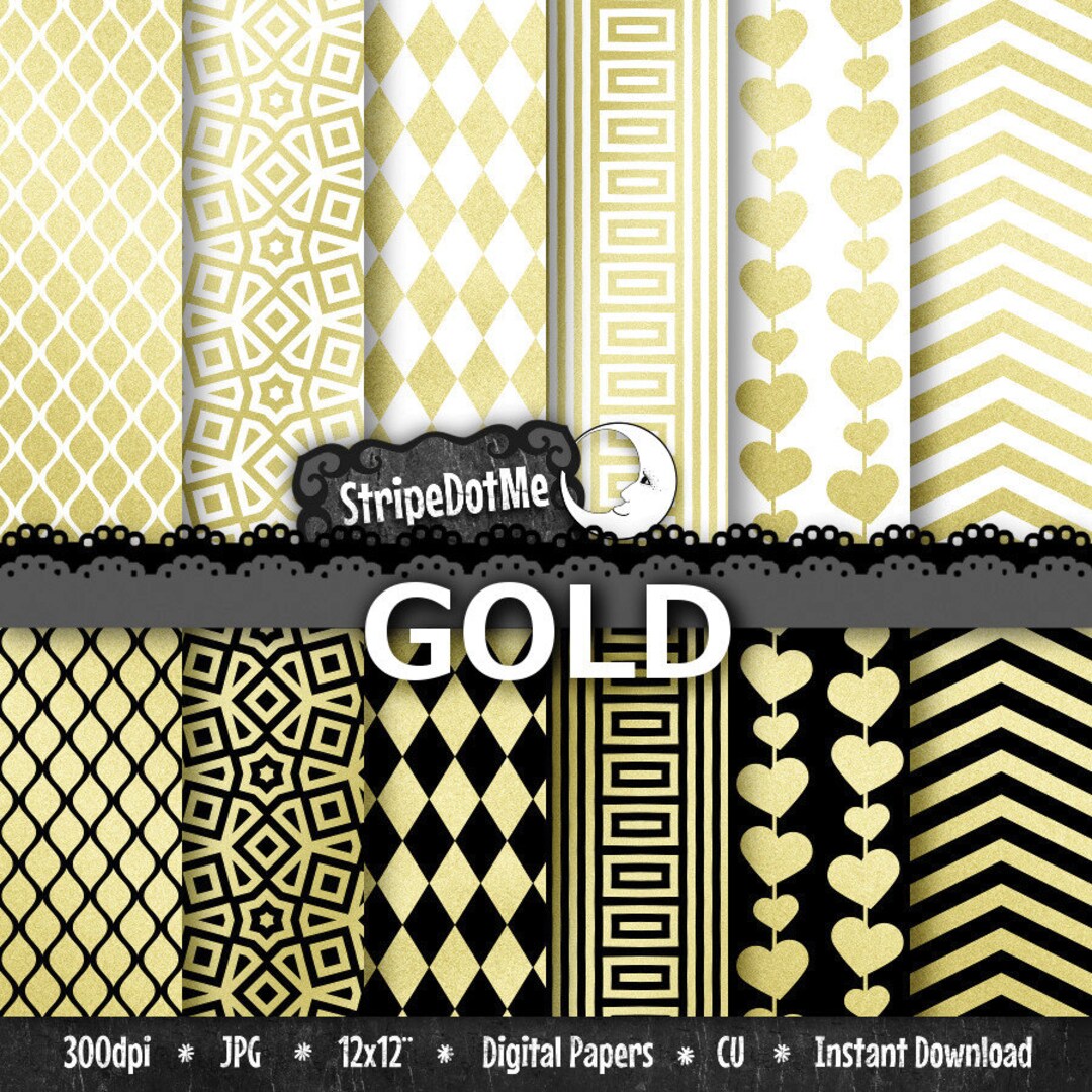 Gold Digital Paper Stripes Hearts Chevron Diamonds Geometric Net ...
