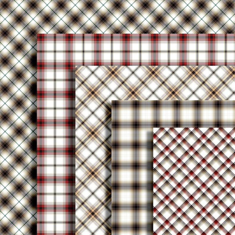Plaid Digital Paper Tartan Check Red Light Brown Tan Gray White ...
